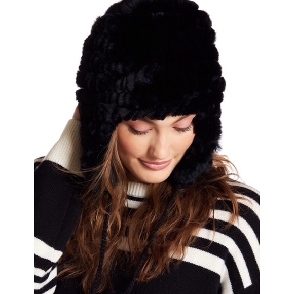 Dena | Accessories | Genuine Rabbit Fur Black Hat With Ties | Poshmark